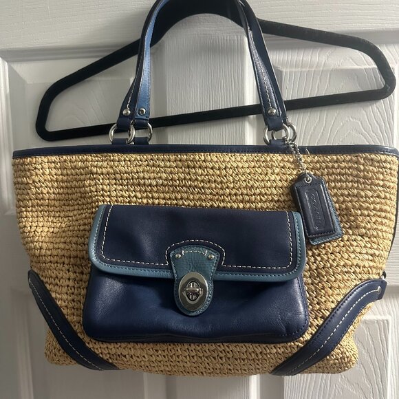 Coach | Bags | Coach Straw Blue Leather Tote Great Summer Bag | Poshmark